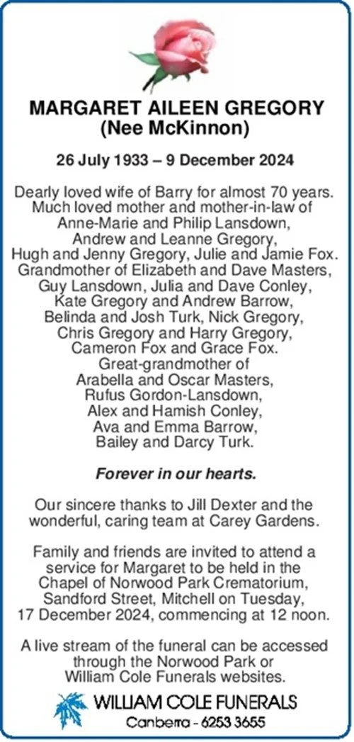 Margaret Gregory — William Cole Funerals | Excellence in Funeral Service
