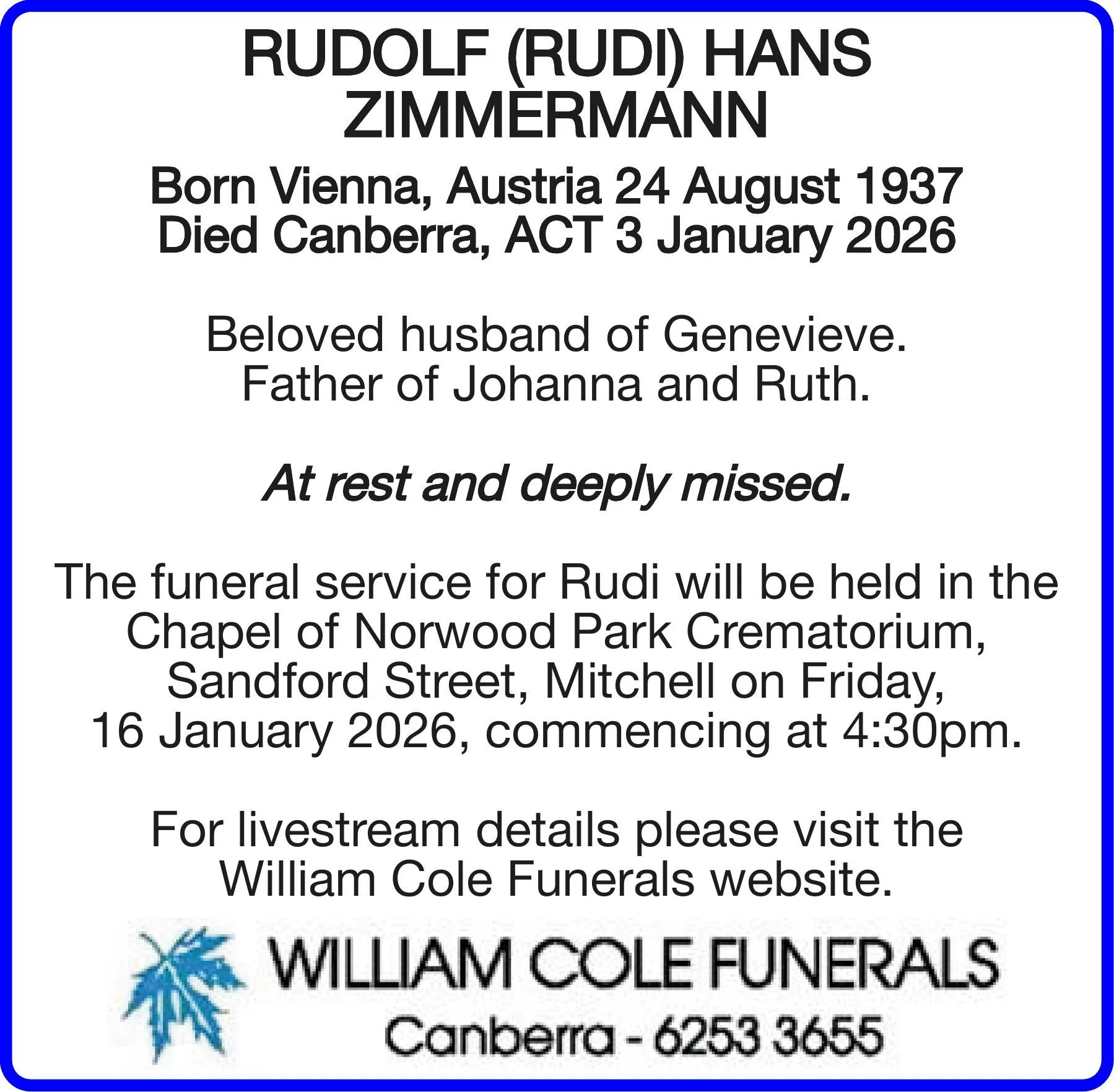 Rudolf Zimmermann — William Cole Funerals | Excellence in Funeral Service