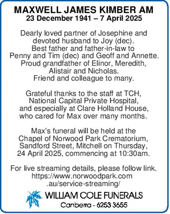 Maxwell ‘Max’ Kimber — William Cole Funerals | Excellence in Funeral ...