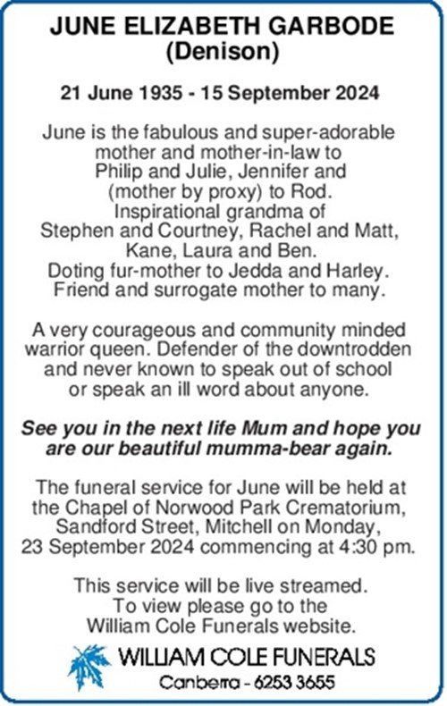 June Garbode — William Cole Funerals | Excellence in Funeral Service