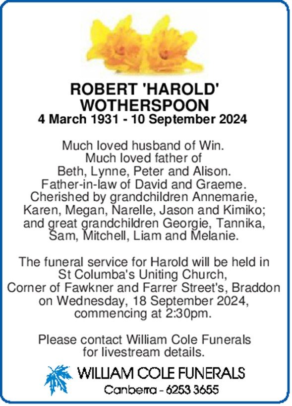 Robert ‘Harold’ Wotherspoon — William Cole Funerals | Excellence in ...