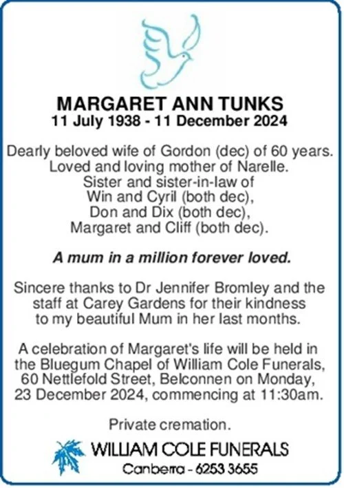 Margaret Tunks — William Cole Funerals | Excellence in Funeral Service