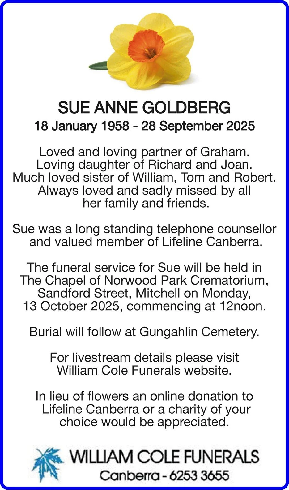 Sue Goldberg — William Cole Funerals | Excellence in Funeral Service