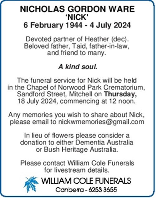 Nicholas ‘Nick’ Ware — William Cole Funerals | Excellence in Funeral ...