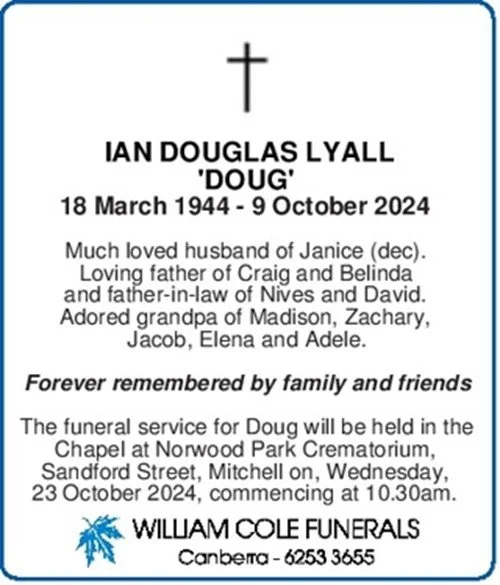 Ian ‘Doug’ Lyall — William Cole Funerals | Excellence in Funeral Service