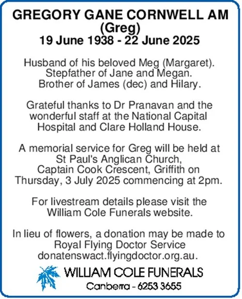In Memory: Gregory ‘Greg’ Cornwell AM — William Cole Funerals ...