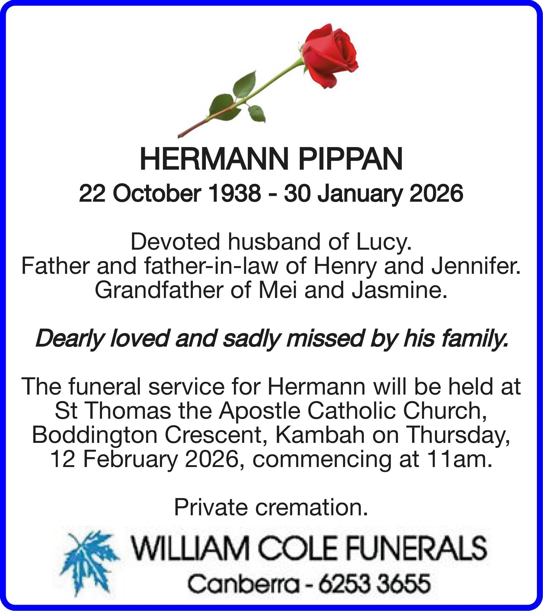 Hermann Pippan — William Cole Funerals | Excellence in Funeral Service