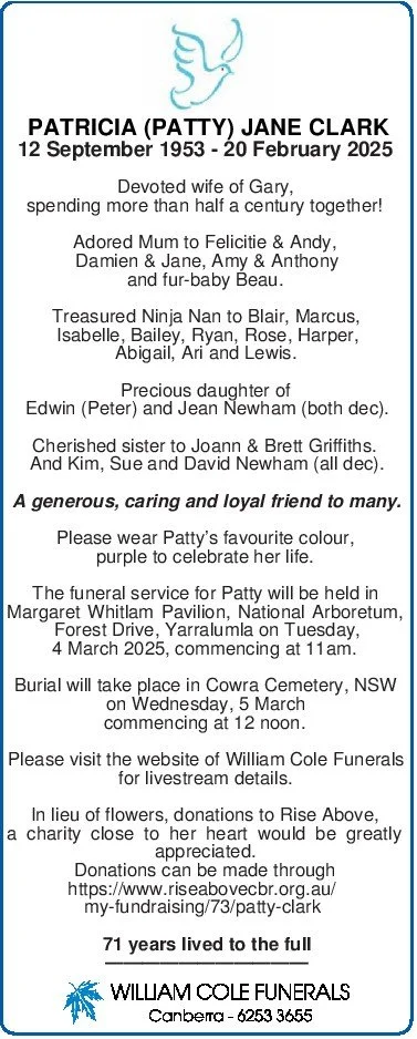 Patricia ‘Patty’ Clark — William Cole Funerals | Excellence in Funeral ...