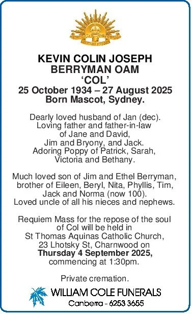 Kevin ‘Col’ Colin Berryman — William Cole Funerals | Excellence in ...