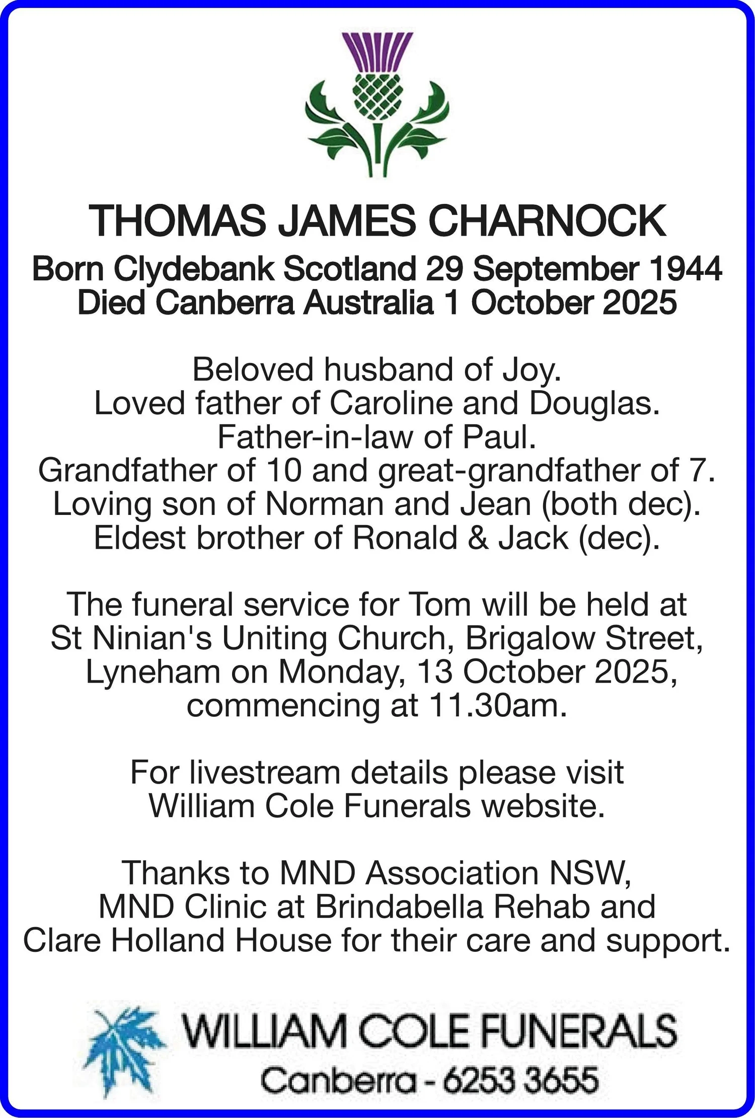 Thomas Charnock — William Cole Funerals | Excellence in Funeral Service