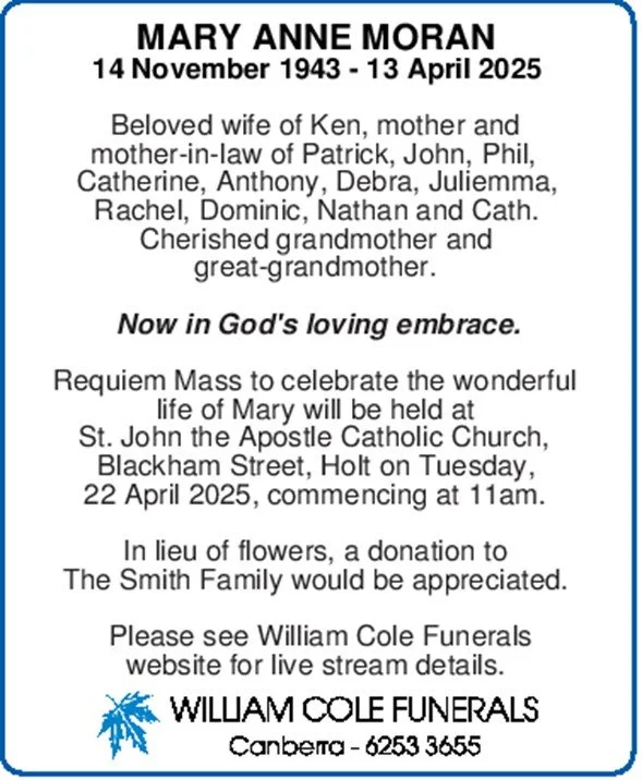 Mary Moran — William Cole Funerals | Excellence in Funeral Service