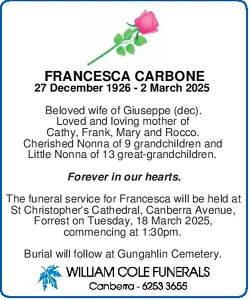 Francesca Carbone — William Cole Funerals | Excellence in Funeral Service