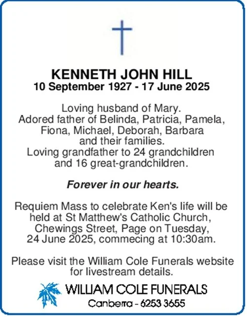 Kenneth Hill — William Cole Funerals | Excellence in Funeral Service
