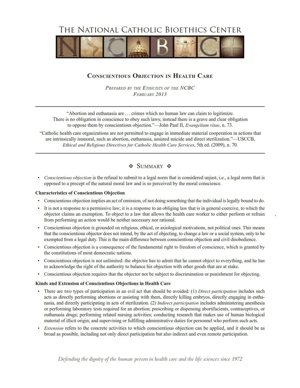 Summary: Conscientious Objection in Health Care — The National Catholic ...
