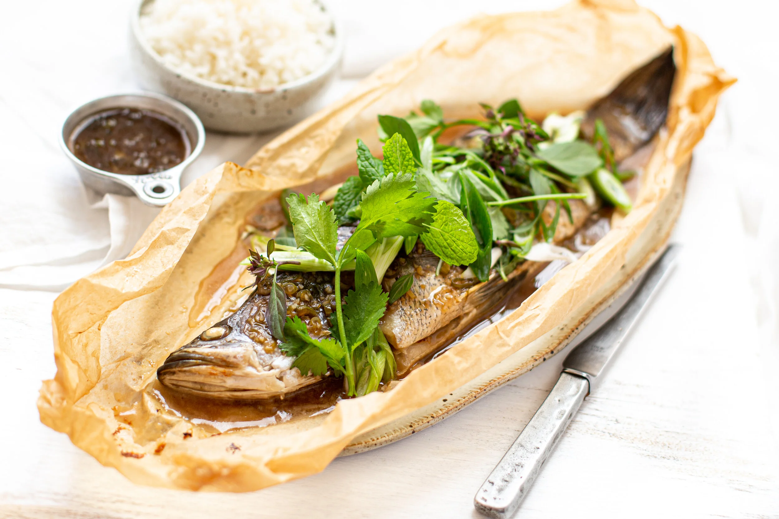 Baked Whole Barramundi with Oyster Sauce & Fresh Herbs — Angelakis Bros