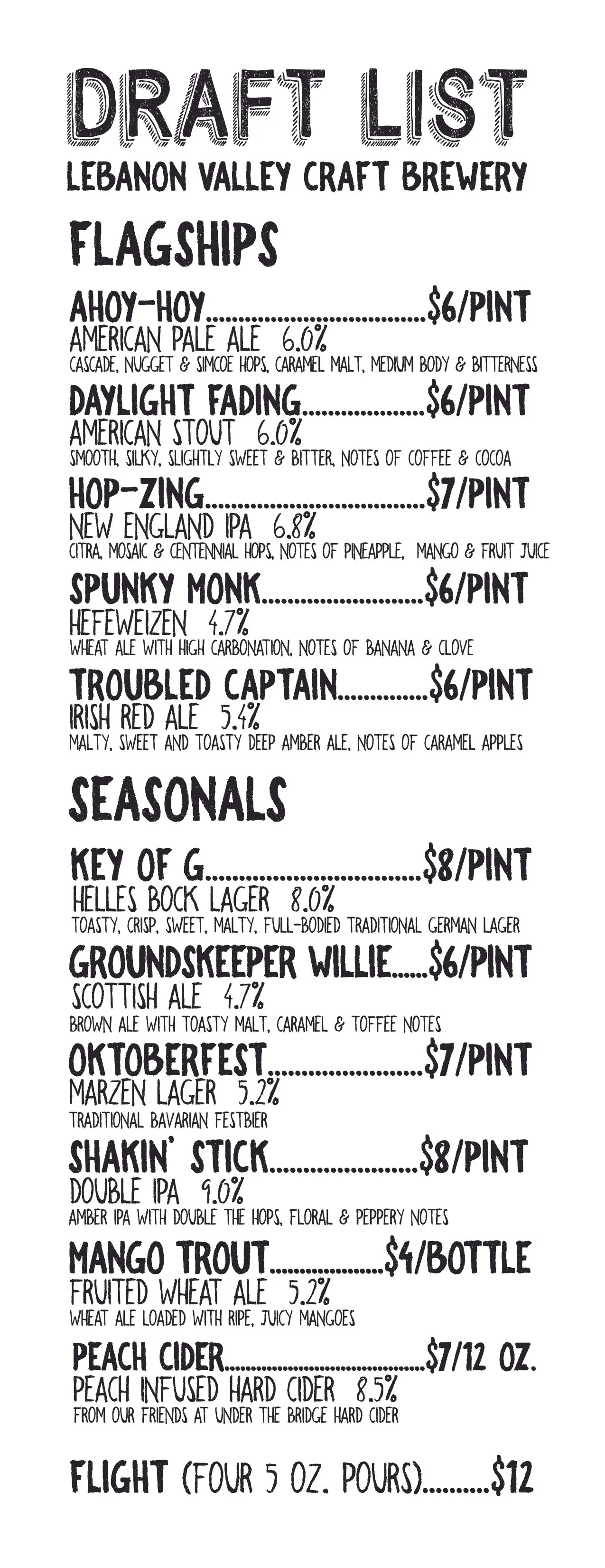 DRAFT LIST — Lebanon Valley Craft Brewery