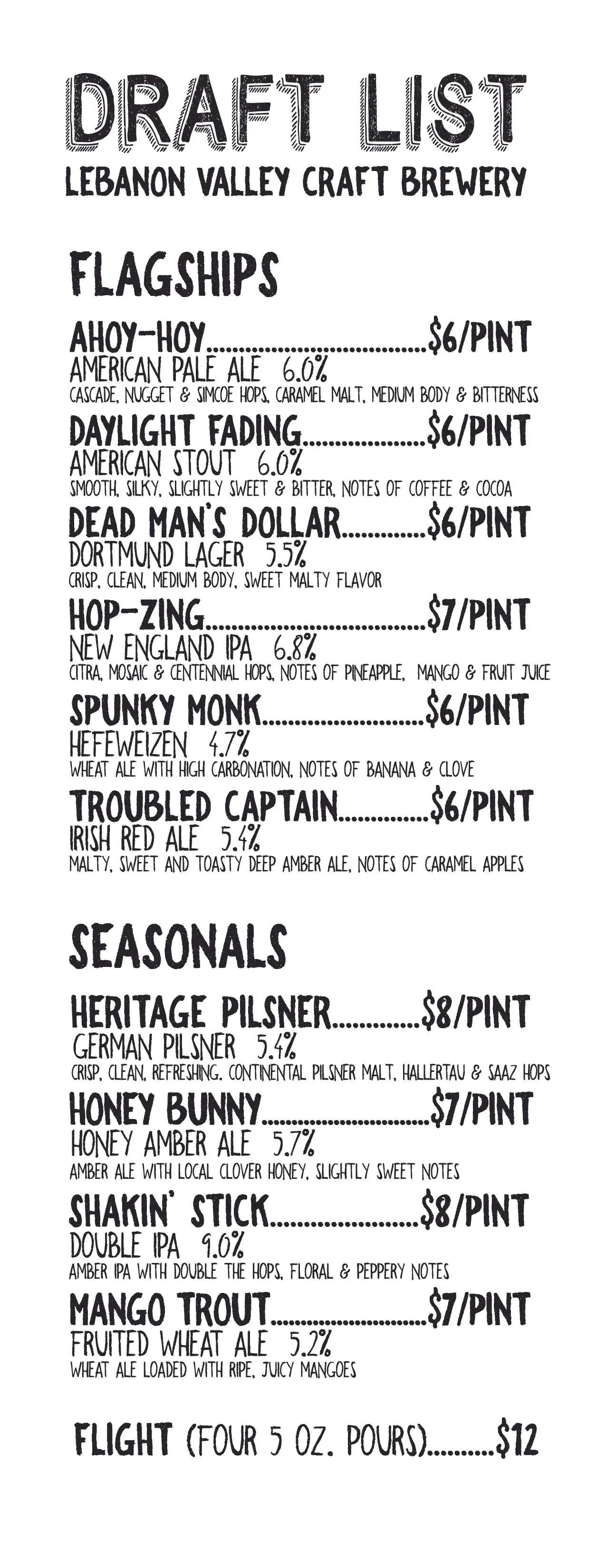 DRAFT LIST — Lebanon Valley Craft Brewery