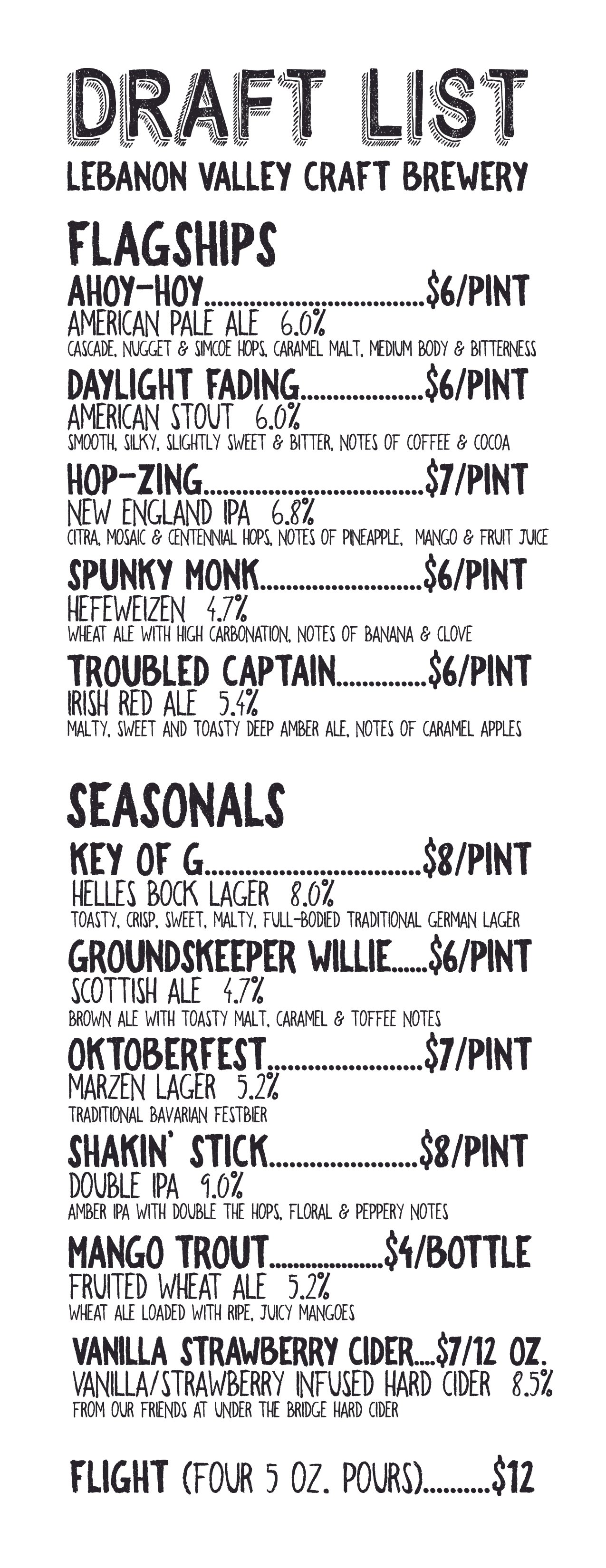 DRAFT LIST — Lebanon Valley Craft Brewery