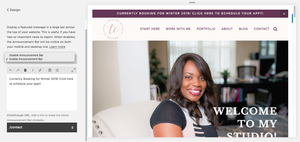 How to Use Squarespace's Announcement Bar | Custom Squarespace Web ...