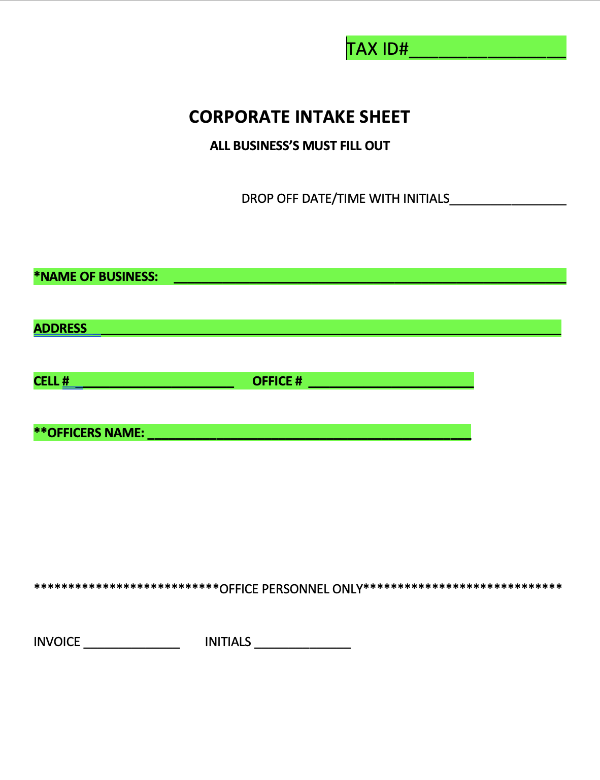 Corporate Client Intake Sheet — CTR Accounting