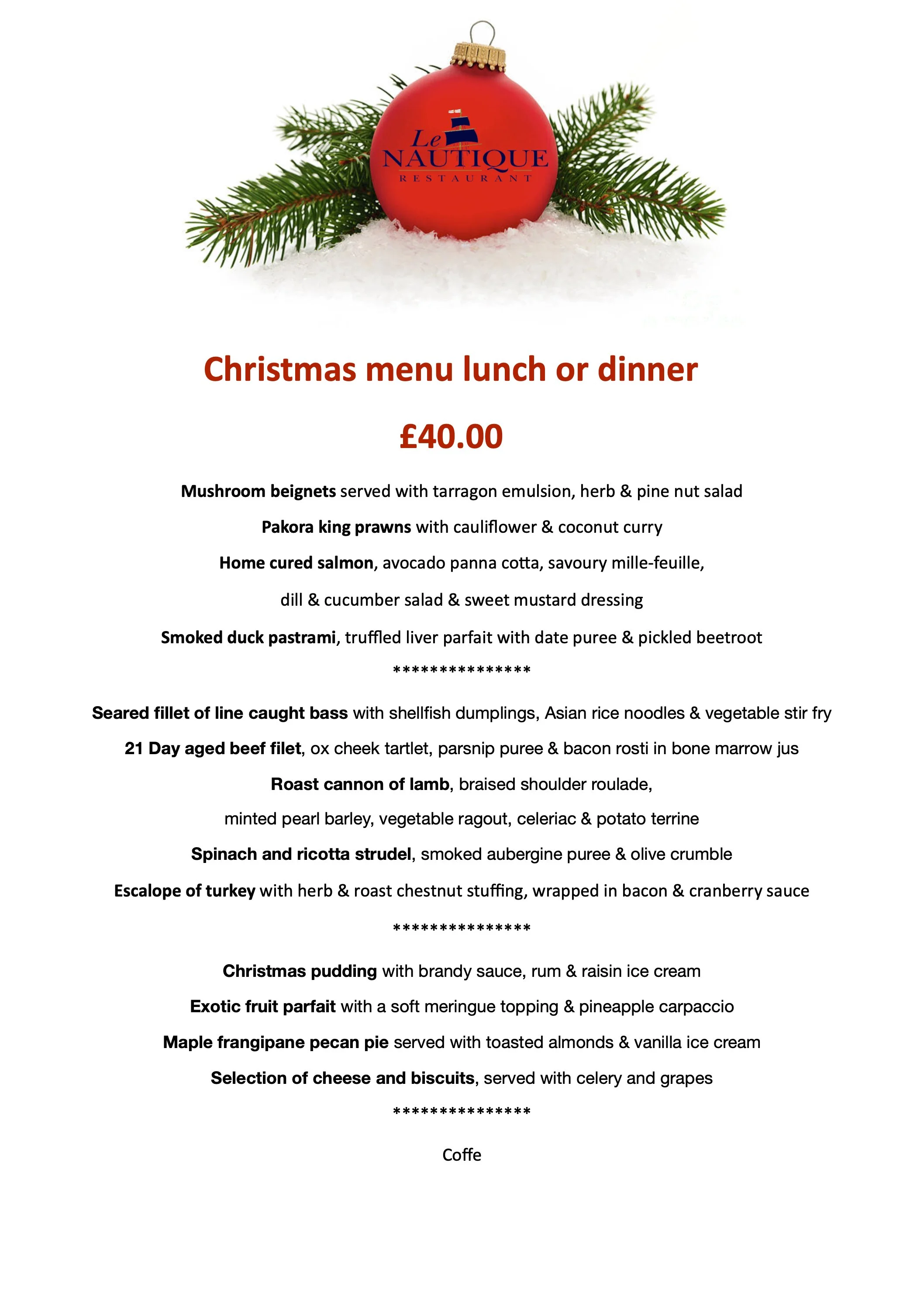 Xmas' menu — Le Nautique Restaurant
