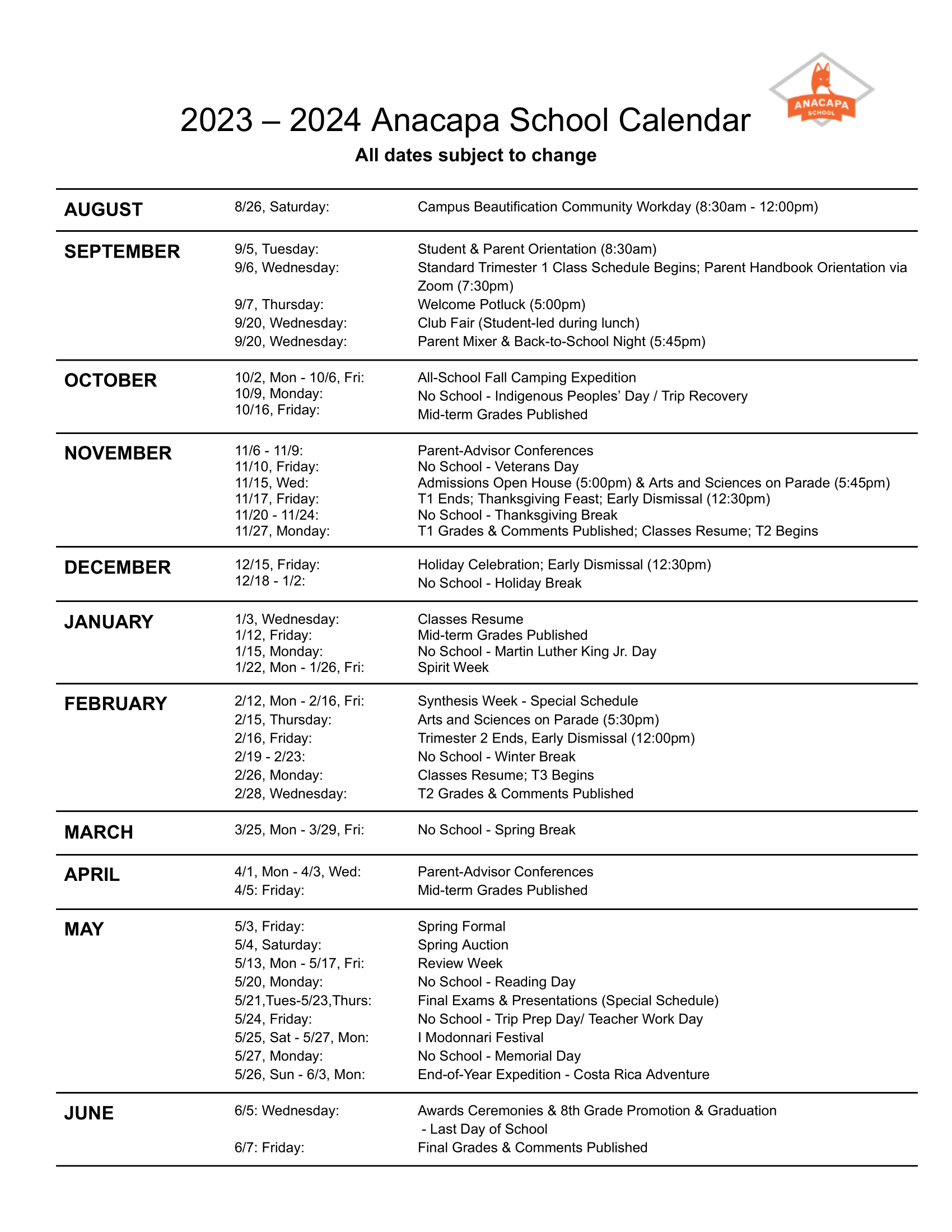 Calendars — Anacapa School