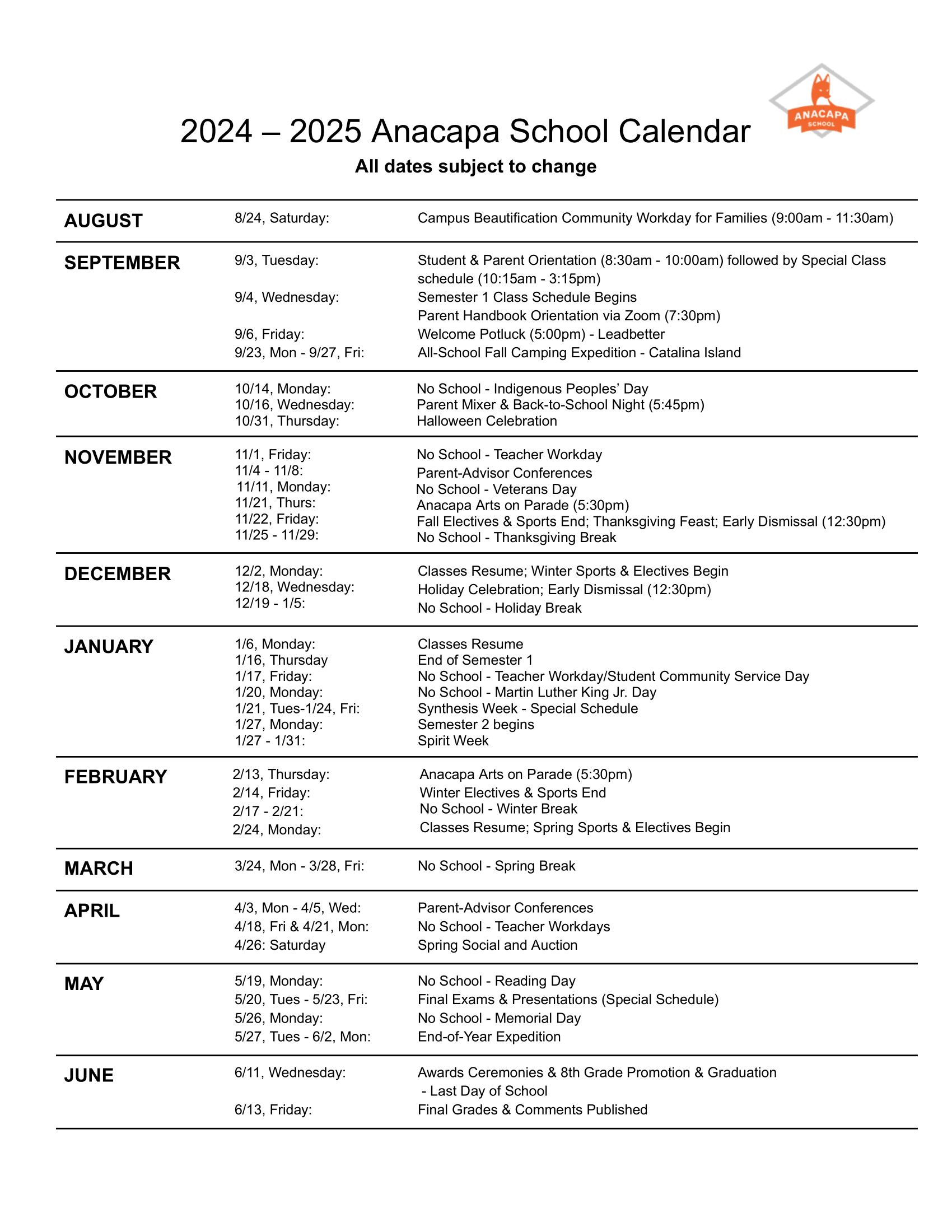 Calendars — Anacapa School