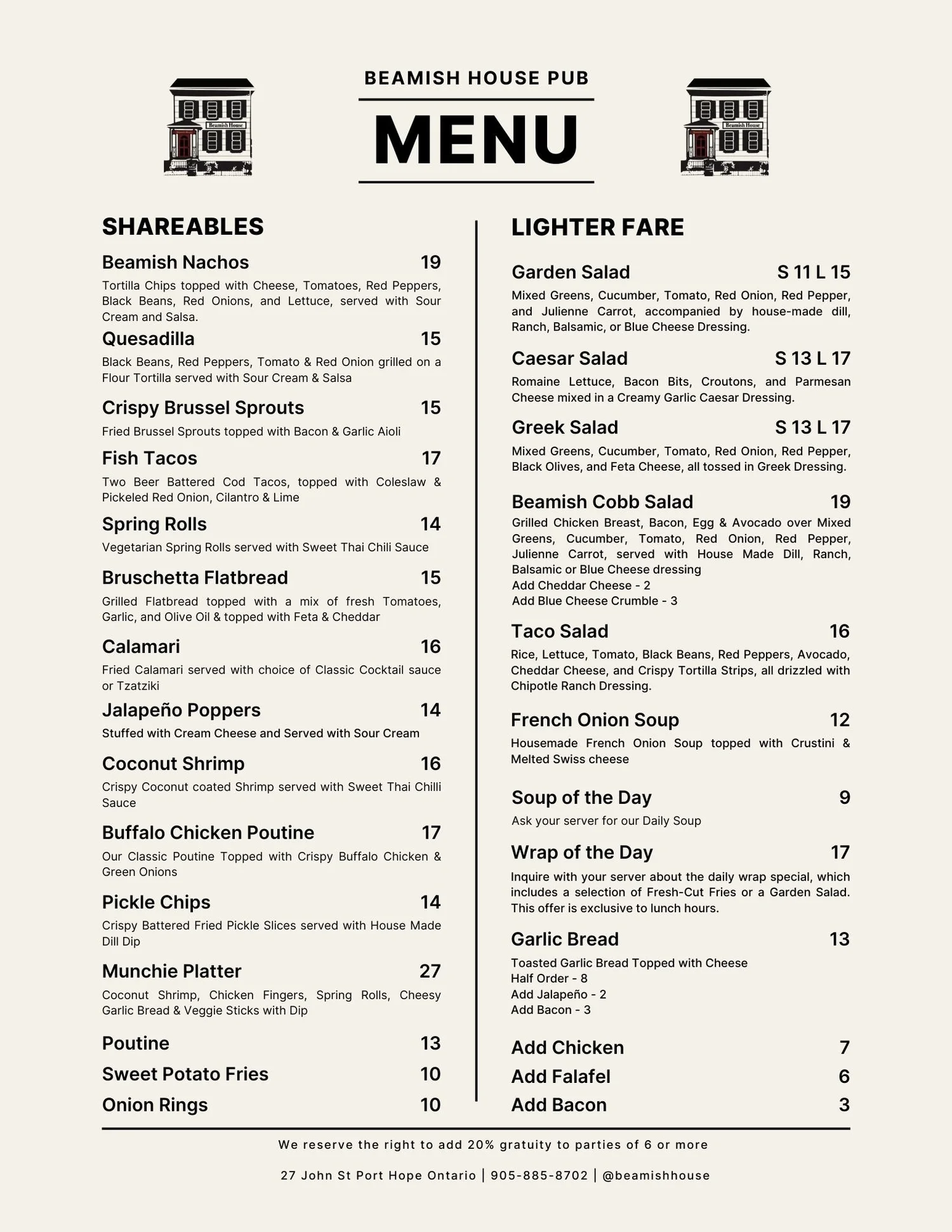 Menu — Beamish House Pub