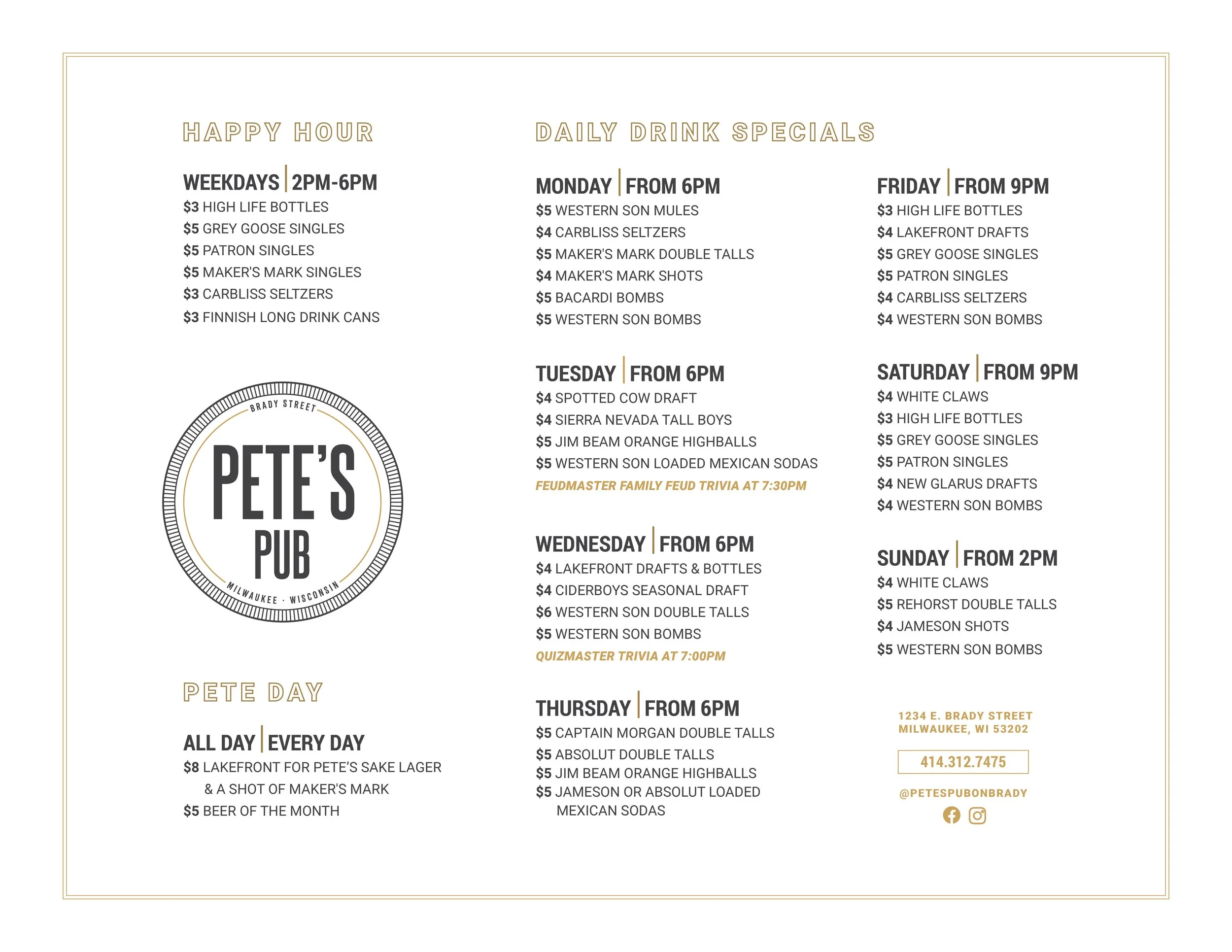 MENU — Pete's Pub