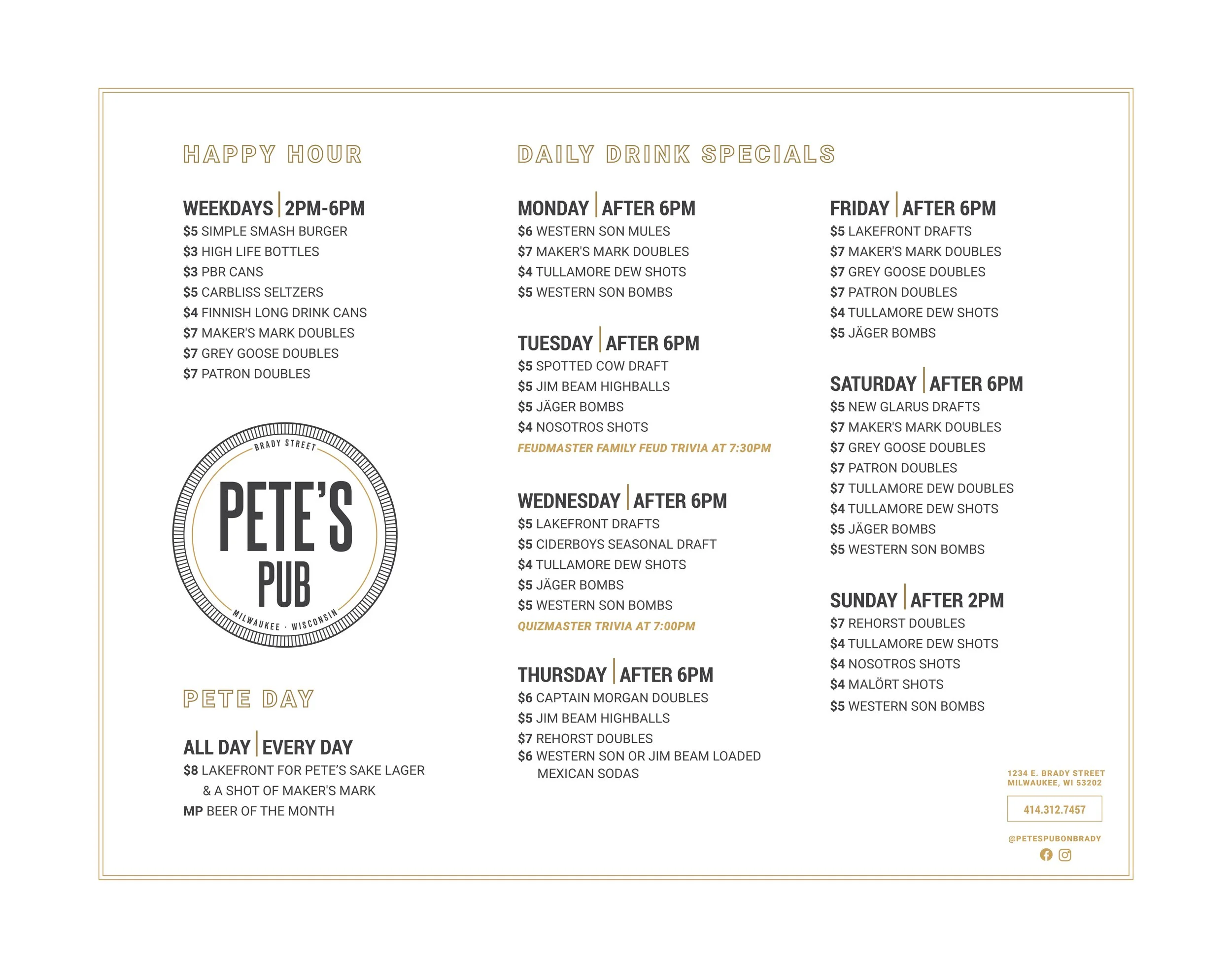MENUS — Pete's Pub