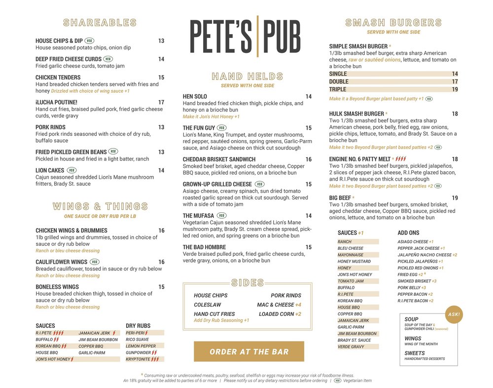 MENUS — Pete's Pub