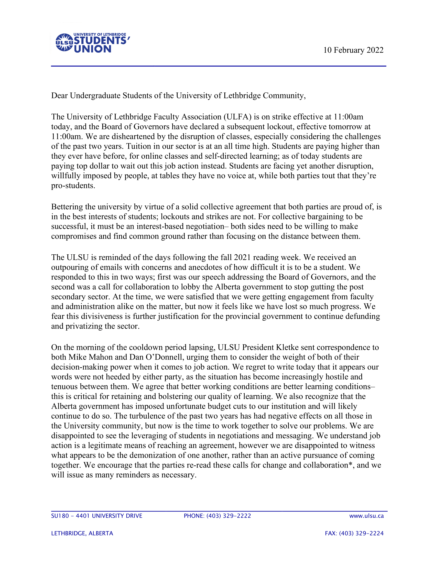 ULSU Press Release: Strike Lockout Press Release. - CKXU 88.3 FM