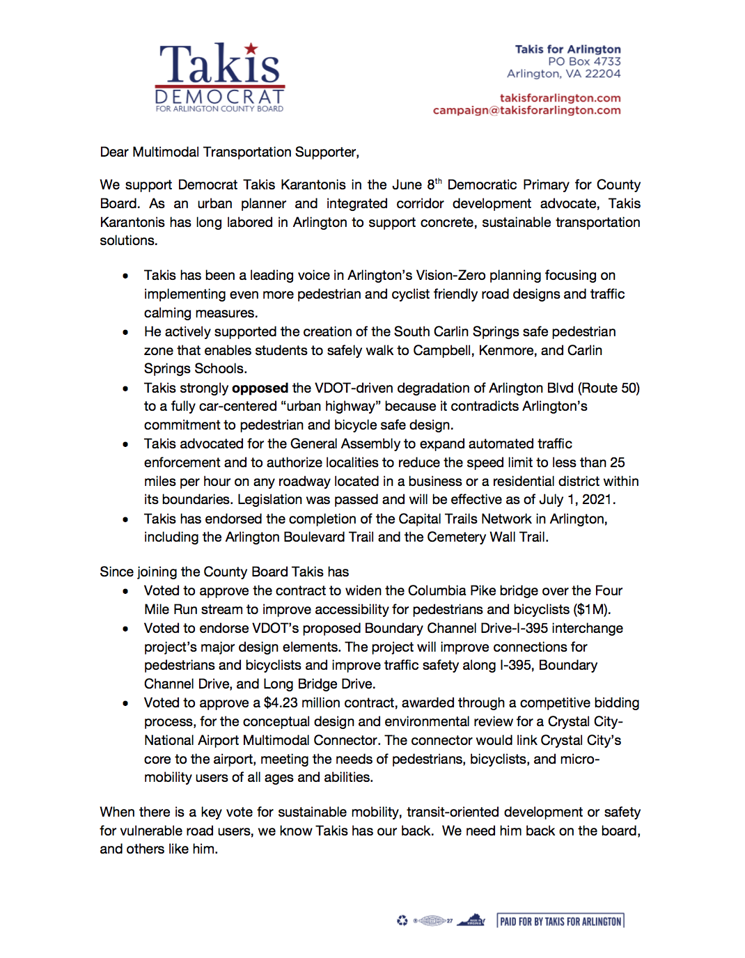 Endorsements — Takis for Arlington