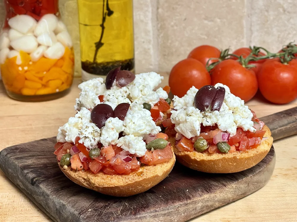 Cretan Dakos Salad: Easy Greek Bruschetta Recipe — Chef Denise