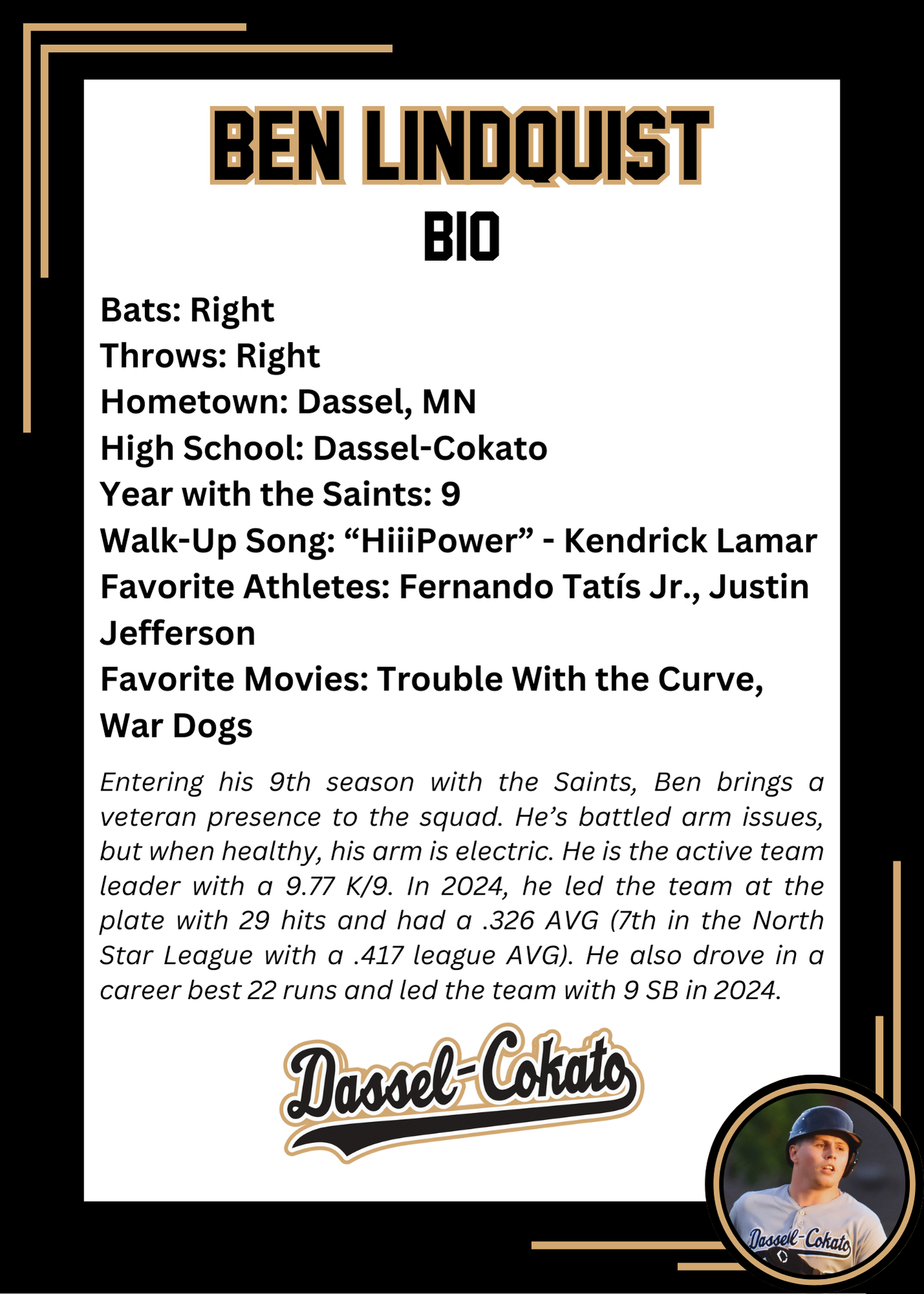 Roster - Ben Lindquist — Official Website of the Dassel-Cokato Saints