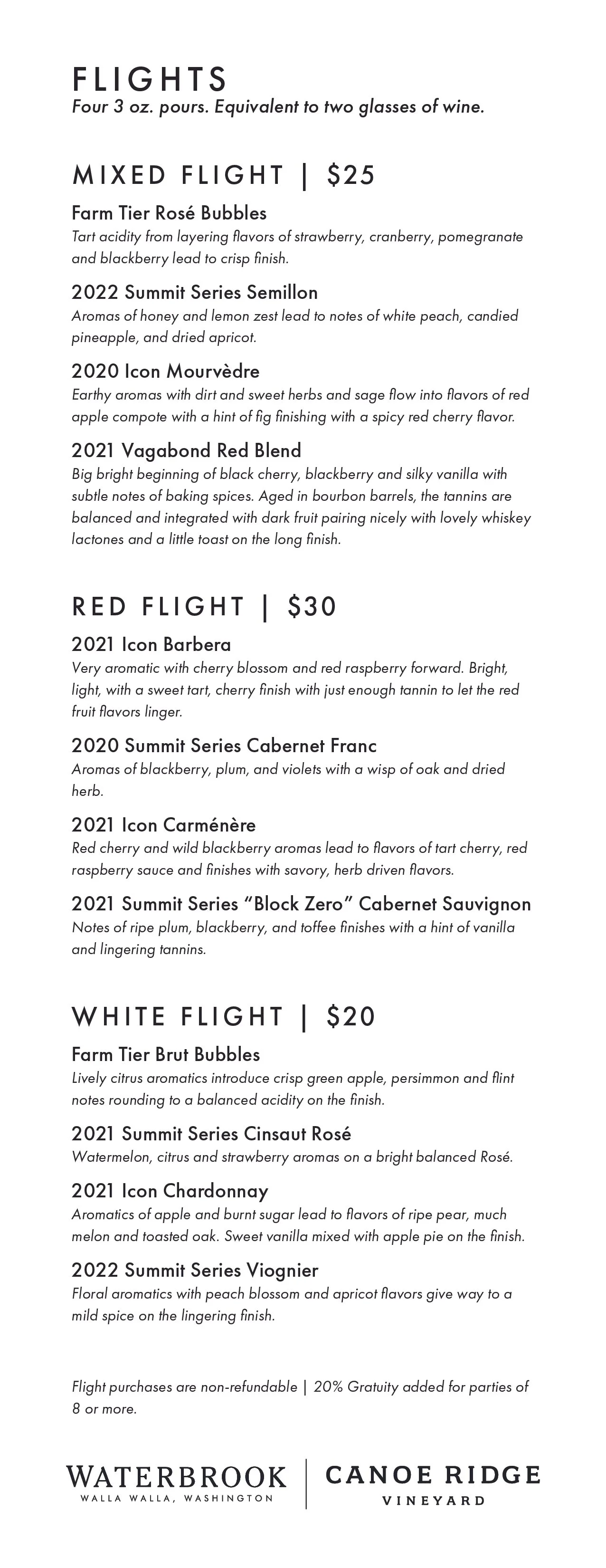 Menus — Waterbrook Winery