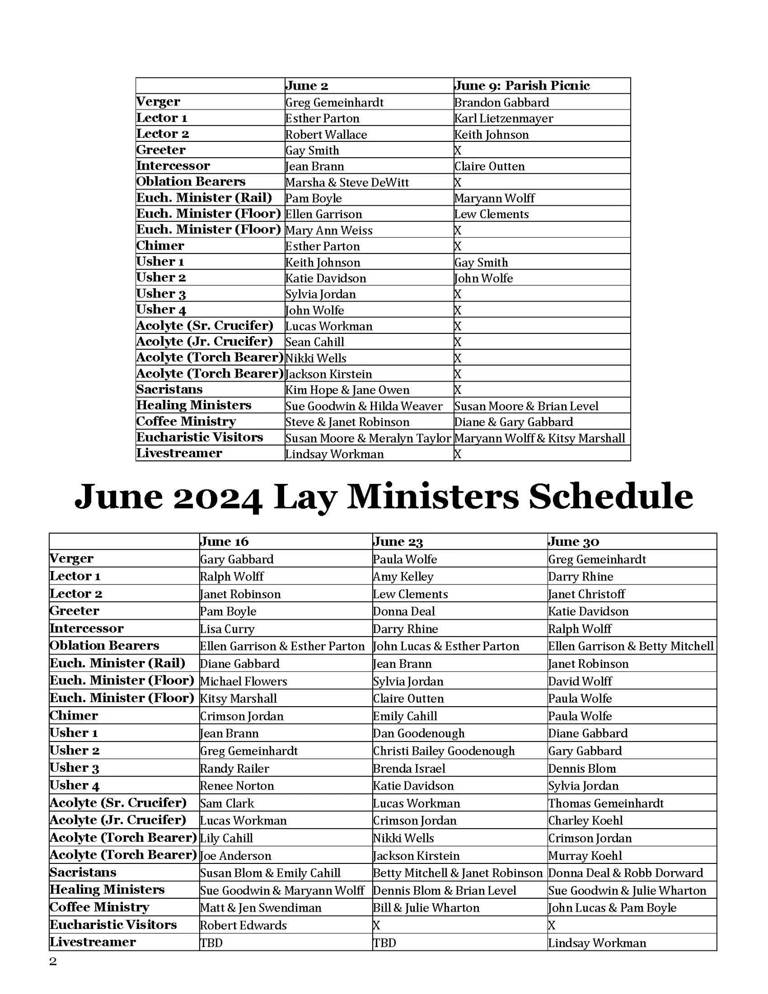 June 2024 Lay Minister Schedule — Trinity Episcopal Church, Covington KY
