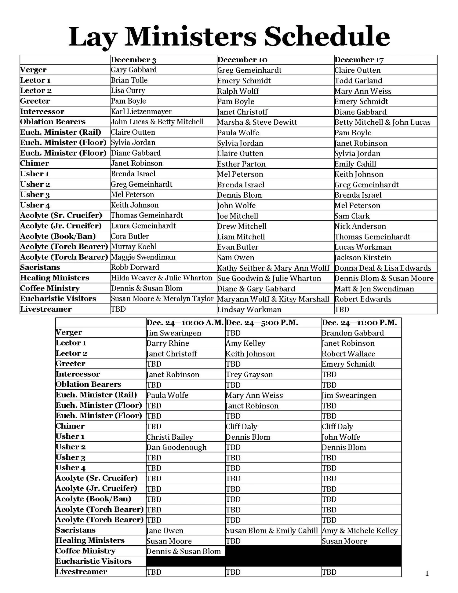 Lay Ministers Schedule: December 2023 — Trinity Episcopal Church ...