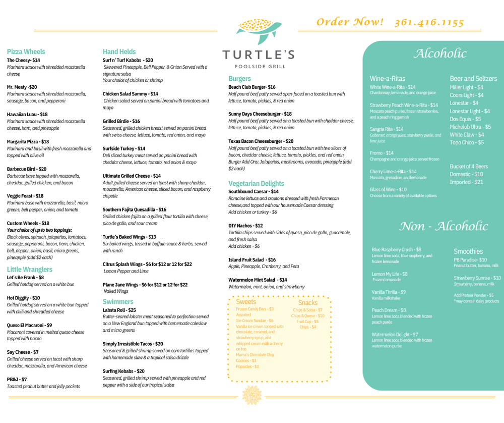 Turtle's Menu — Sunflower Beach Resort & Residences