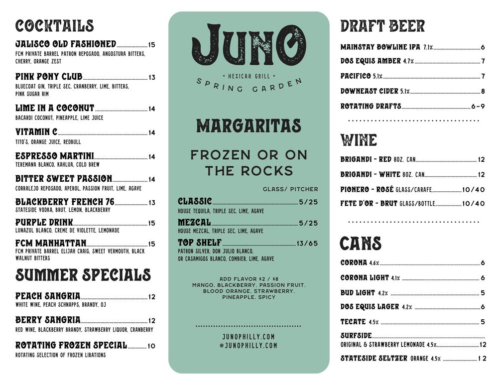 Menus — Juno | Mexican-American Food, Chill Vibes & Killer Cocktails