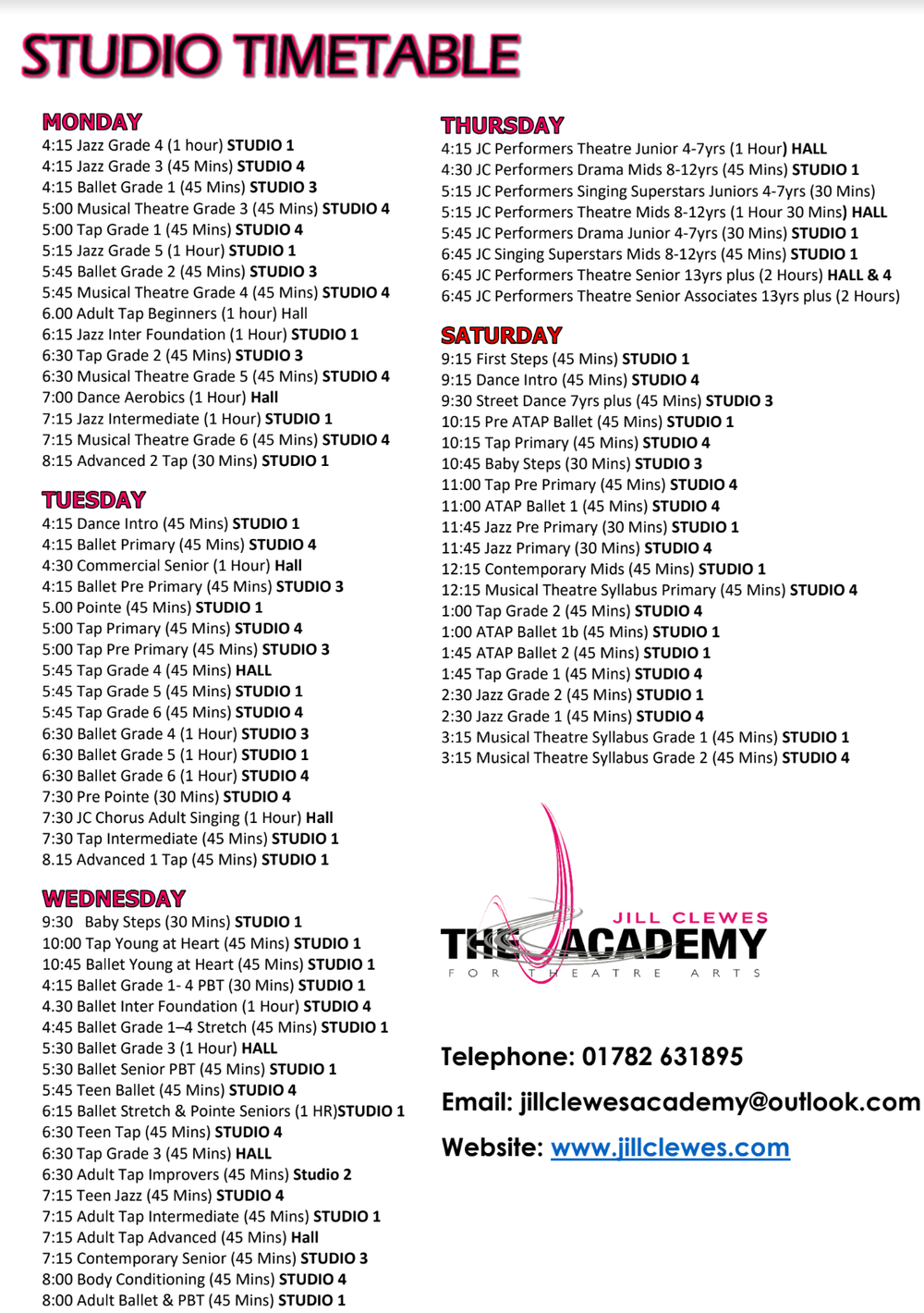 New Performing Arts Timetable - 15th April 24 — Jill Clewes Academy for Theatre Arts - Stoke On ...