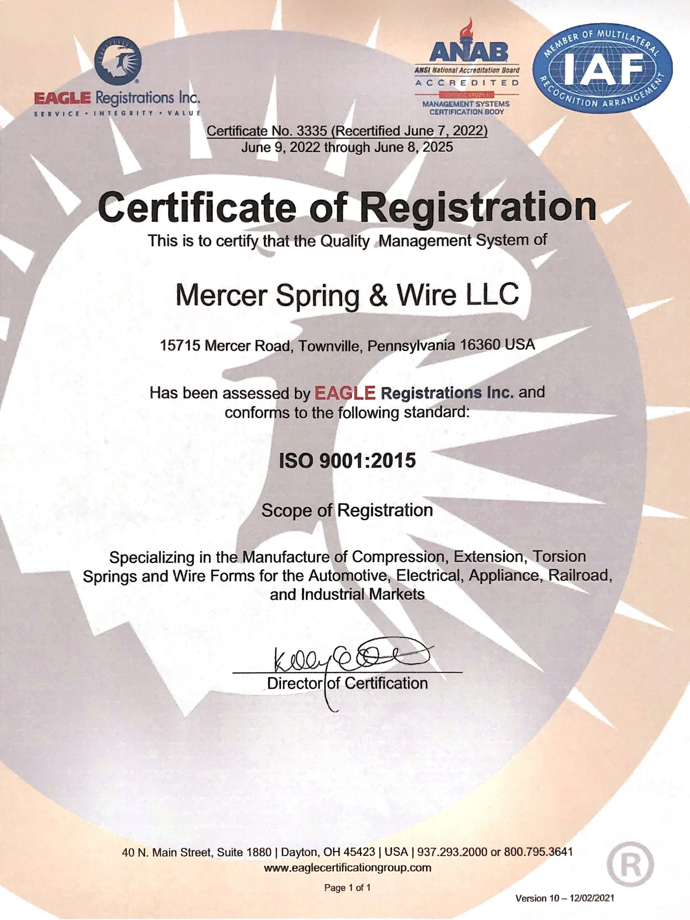 ISO Certification — Mercer Spring & Wire LLC