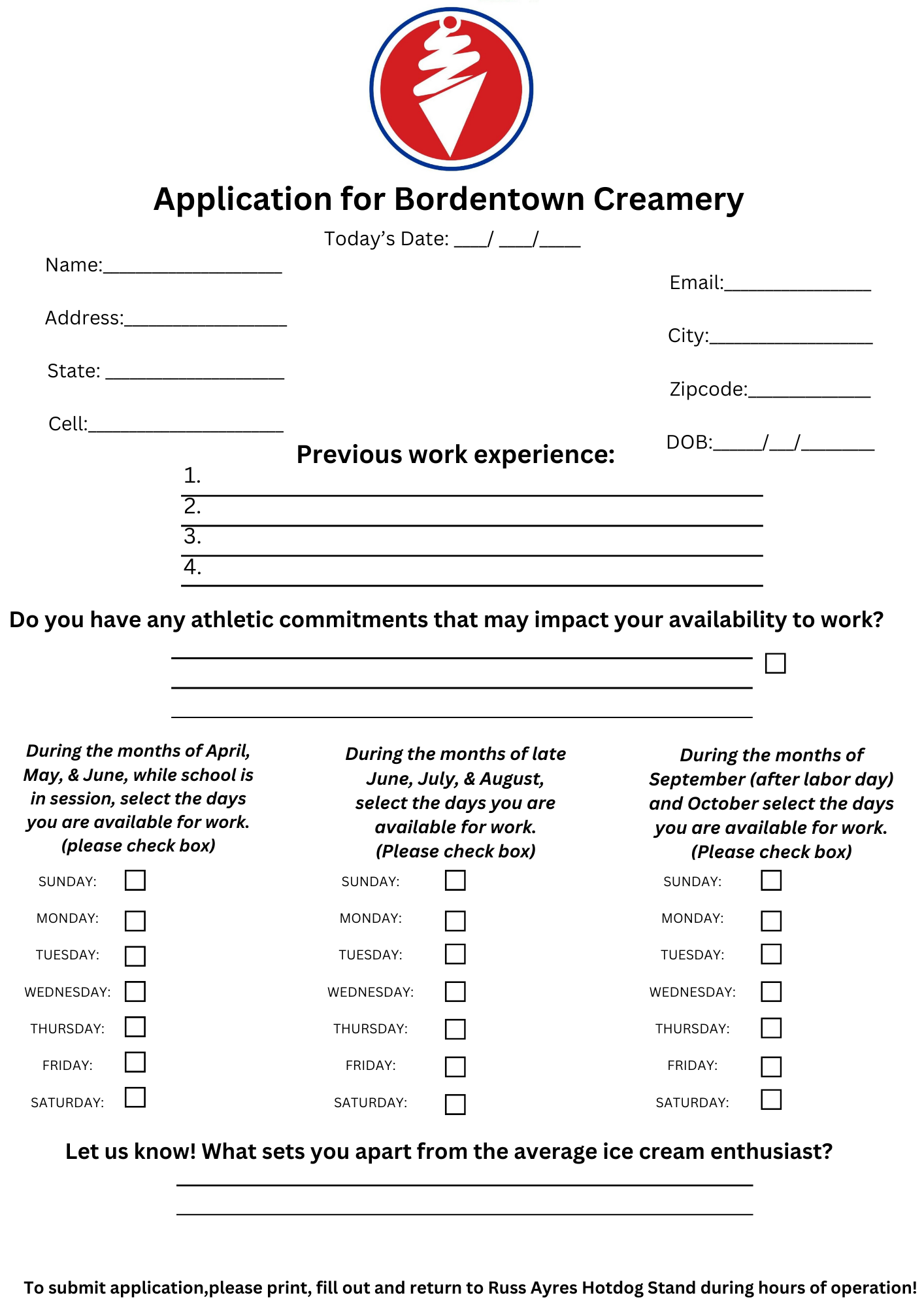 JOB APPLICATION — Bordentown Creamery