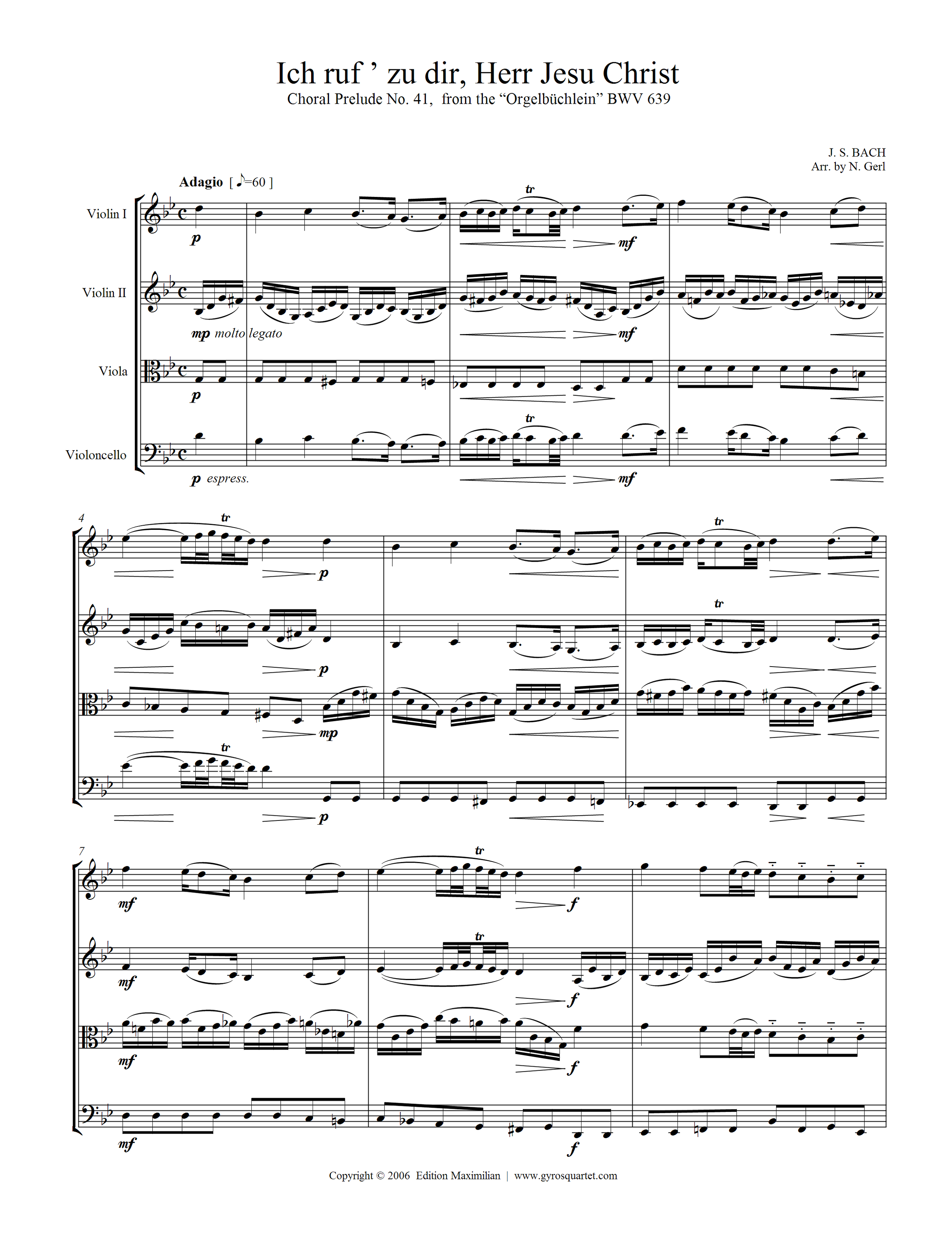 Bach - Ich ruf' zu dir - for string quartet — Gyros String Quartet