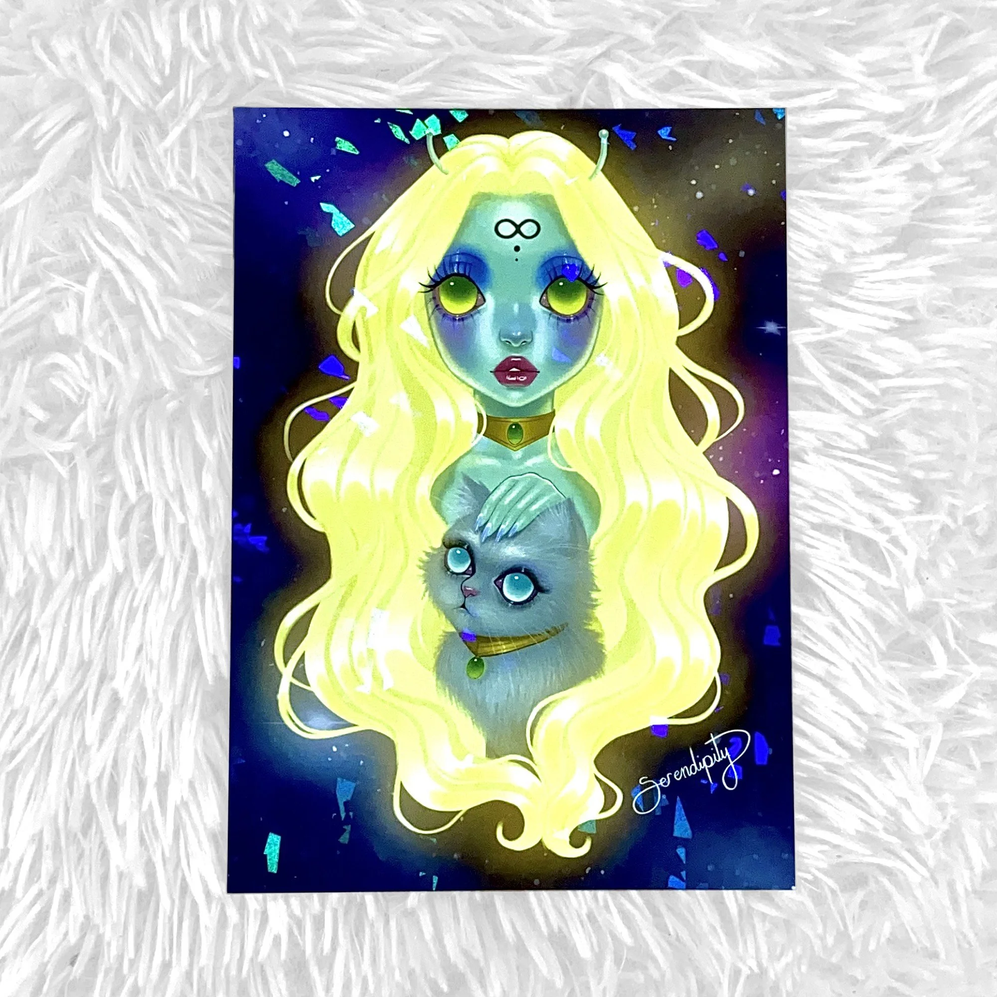 Galaxy Alien Cat Girl 5x7 holographic print — Serendipity Artworks