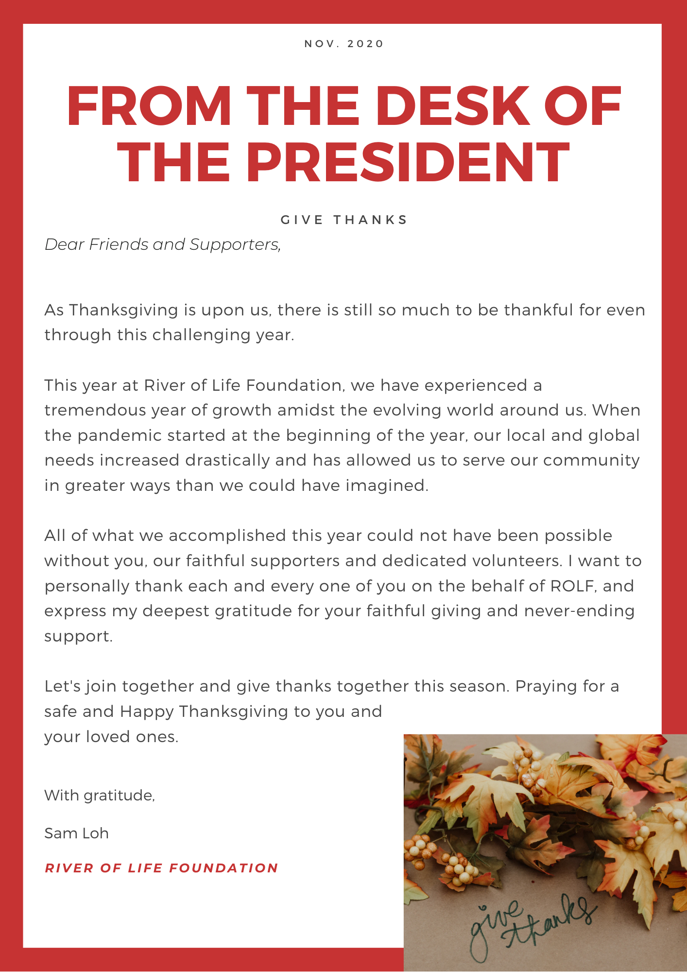 THANKSGIVING: Letter to all our donors and supporters — RIVER OF LIFE ...