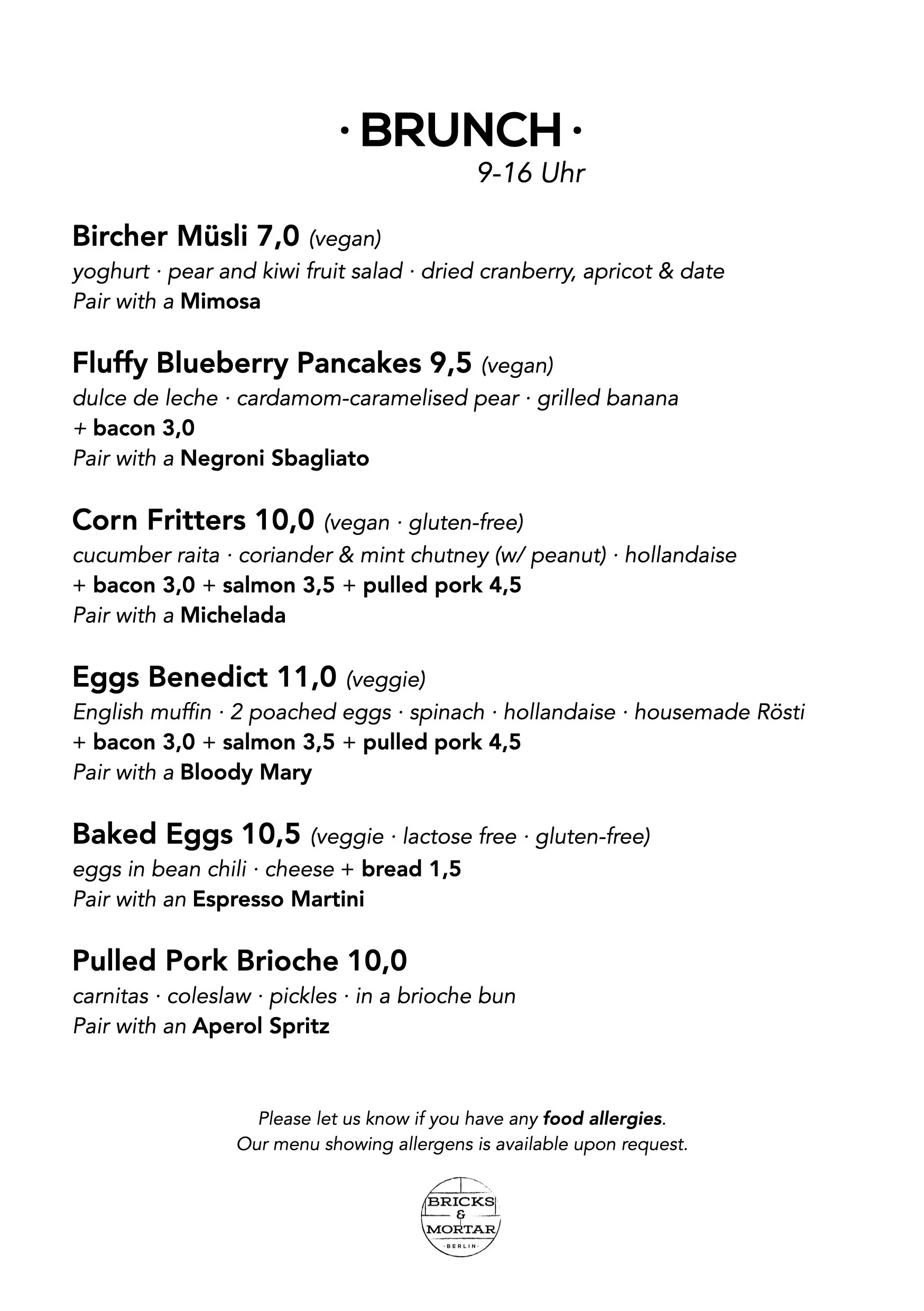 Menu — Bricks & Mortar