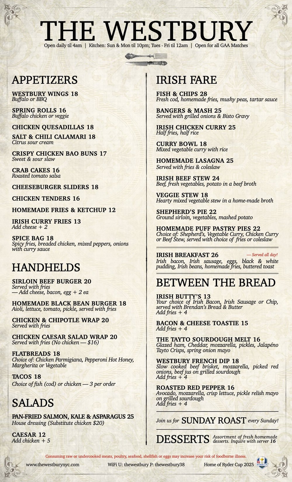 MENU THE WESTBURY PUB 20 W 38TH ST. NEW YORK, NY 10018 TRADITIONAL ...