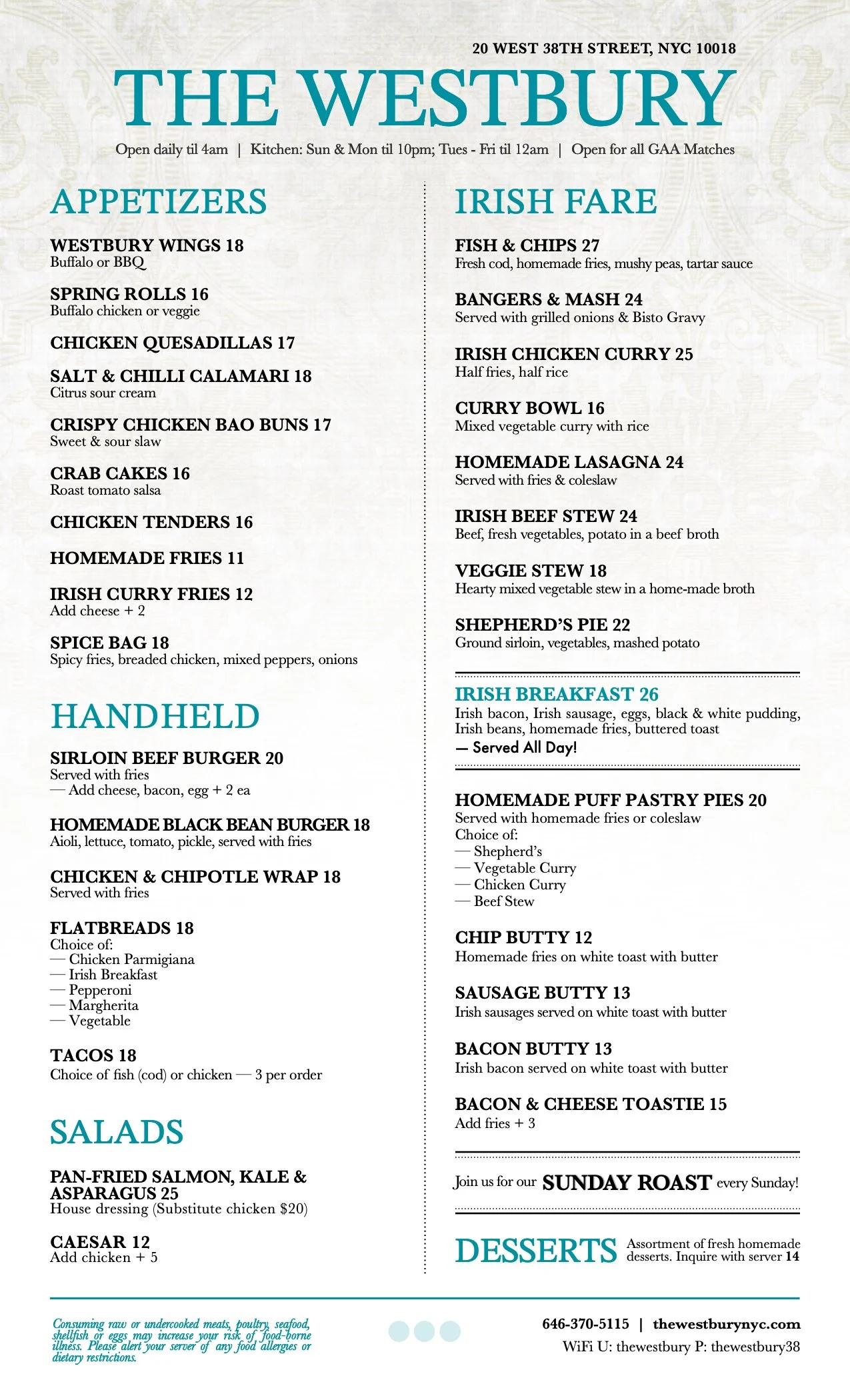 MENU THE WESTBURY PUB 20 W 38TH ST. NEW YORK, NY 10018 TRADITIONAL ...