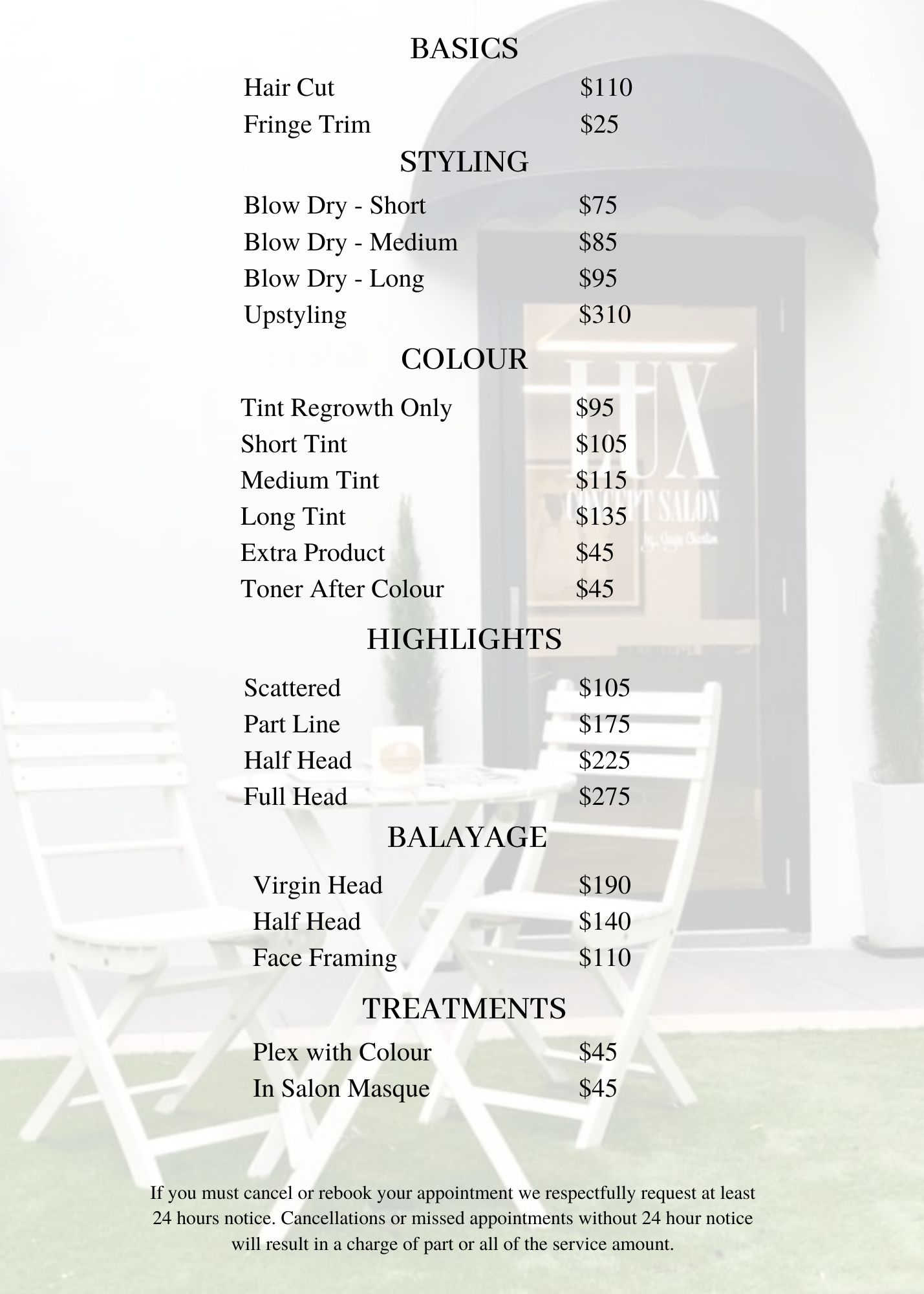 Price — Lux Concept Salon